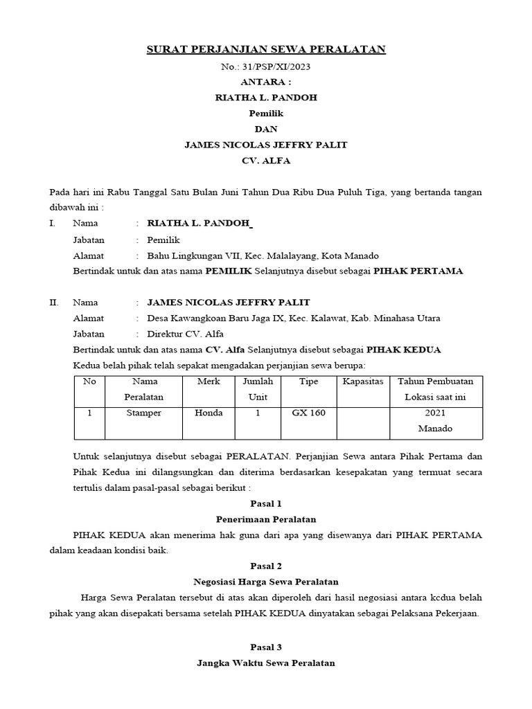 Perjanjian Sewa Stamper Honda 2023 | PDF