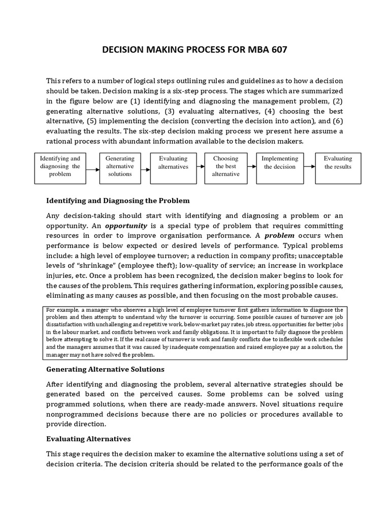 DECISION MAKING PROCESS FOR MBA 607 | PDF | Decision Making | Mathematical Optimization
