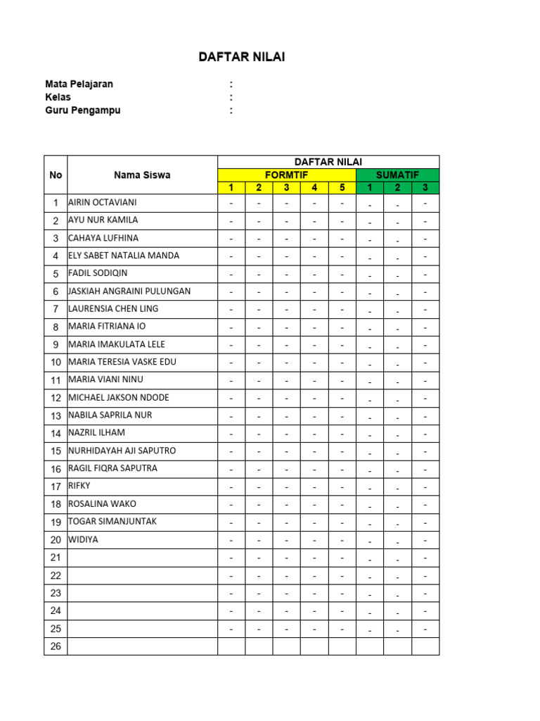 Legger Nilai Guru Mapel 2024 Prakarya | PDF