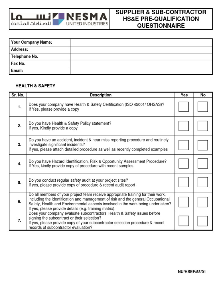 58. Supplier Sub-Contractor HSE Pre Qual Questionnaire | PDF ...