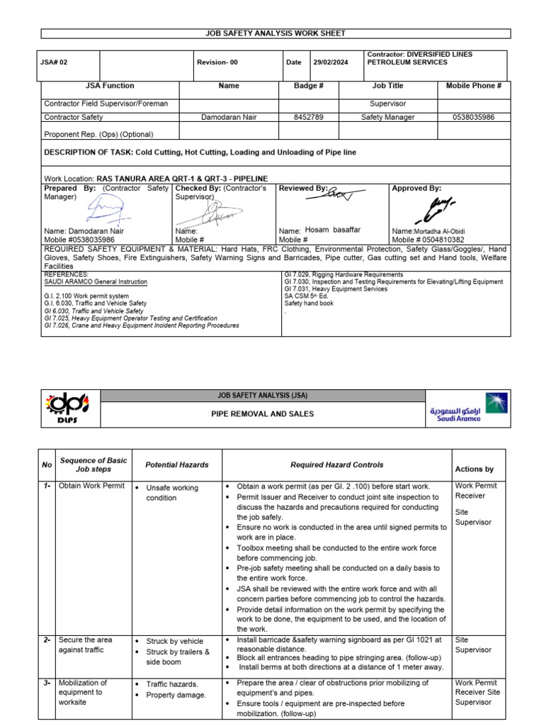 JSA For Cold Cutting J Hot Cutting J Loading and Unloading-Rev-00 | PDF ...
