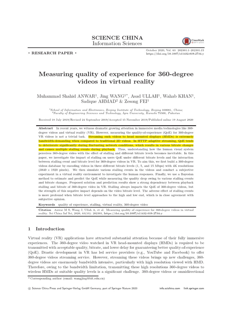 Measuring Quality of Experience For 360-Degree in Virtual Reality | PDF | Virtual Reality | Video