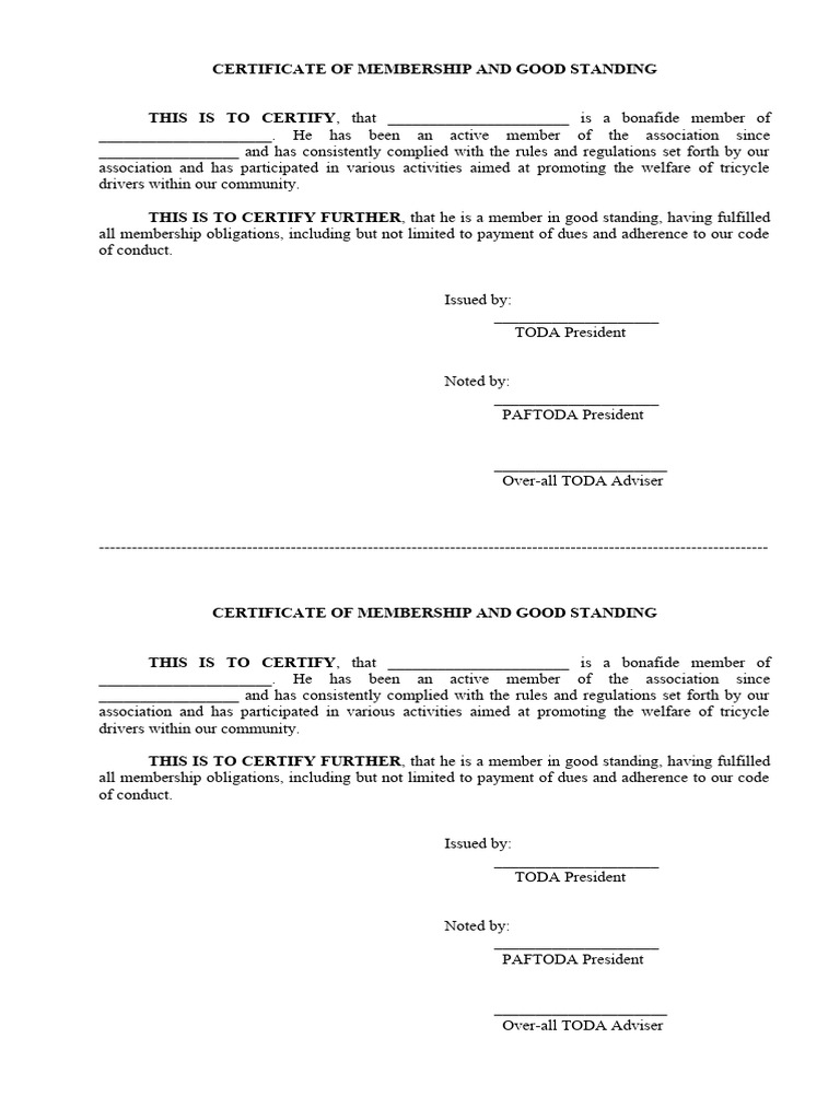 Certificate of Membership & Good Standing | PDF | Business