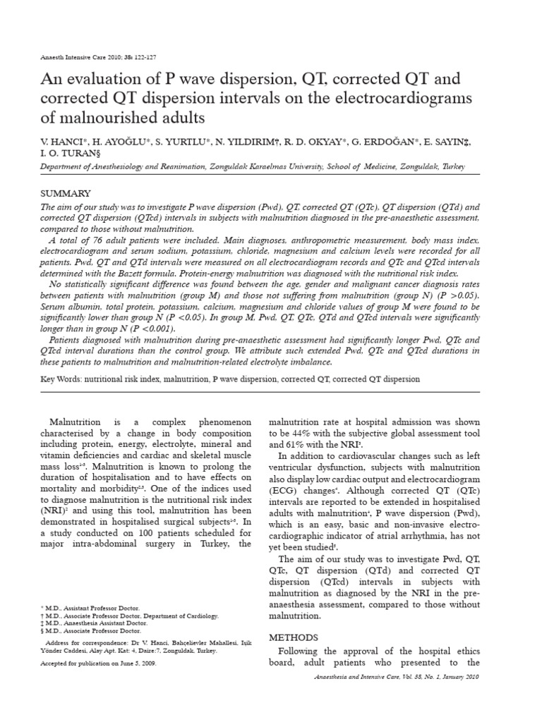 Hanci Et Al 2010 An Evaluation Of P Wave Dispersion Qt Corrected Qt And