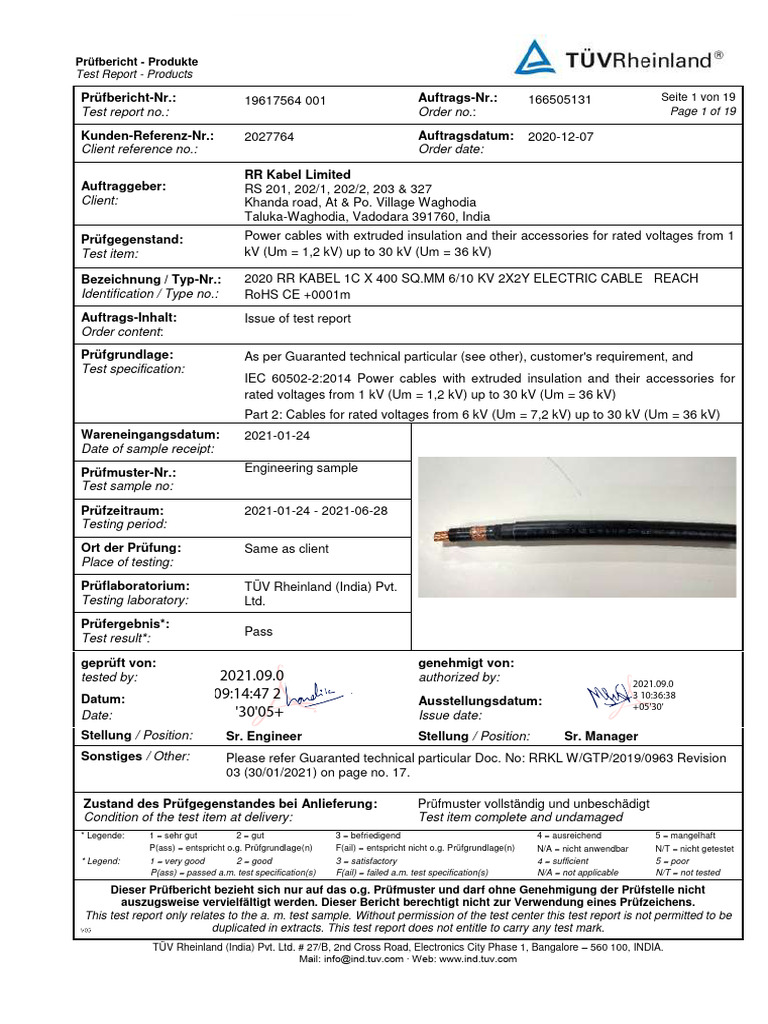 Annexure 1 A 1C X 400 SQ - MM - 10 KV - IEC 60502-2 2014 - TUV | Download Free PDF | High ...