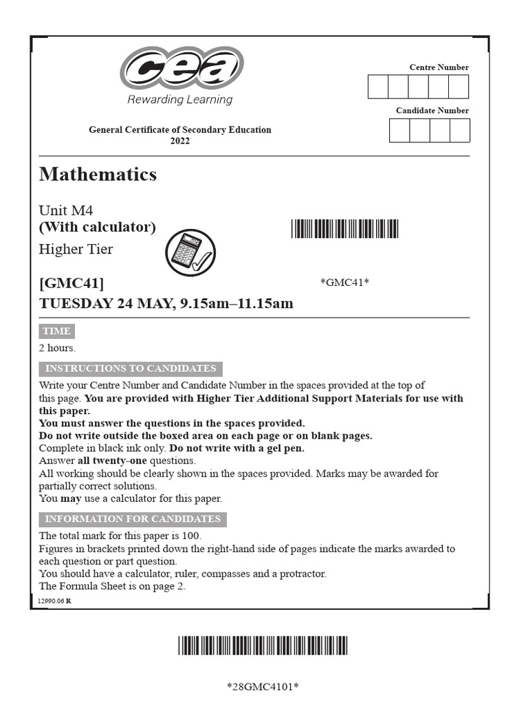 GCSE Mathematics 504 Summer2022 Higher Tier, M4 (With Calculator) Paper ...