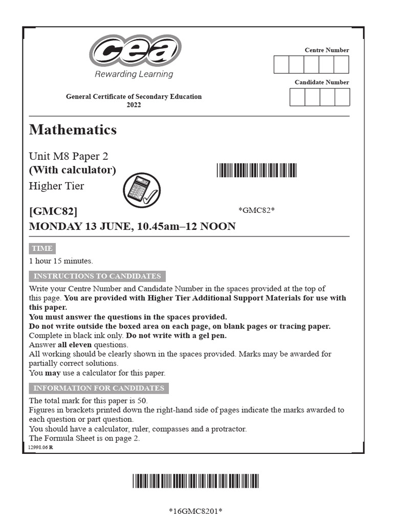 GCSE-Mathematics - 504-Summer2022-Higher Tier, M8 Paper 2 (With ...