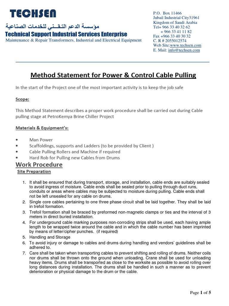 Cable Pulling Method of Statement | PDF | Tension (Physics ...