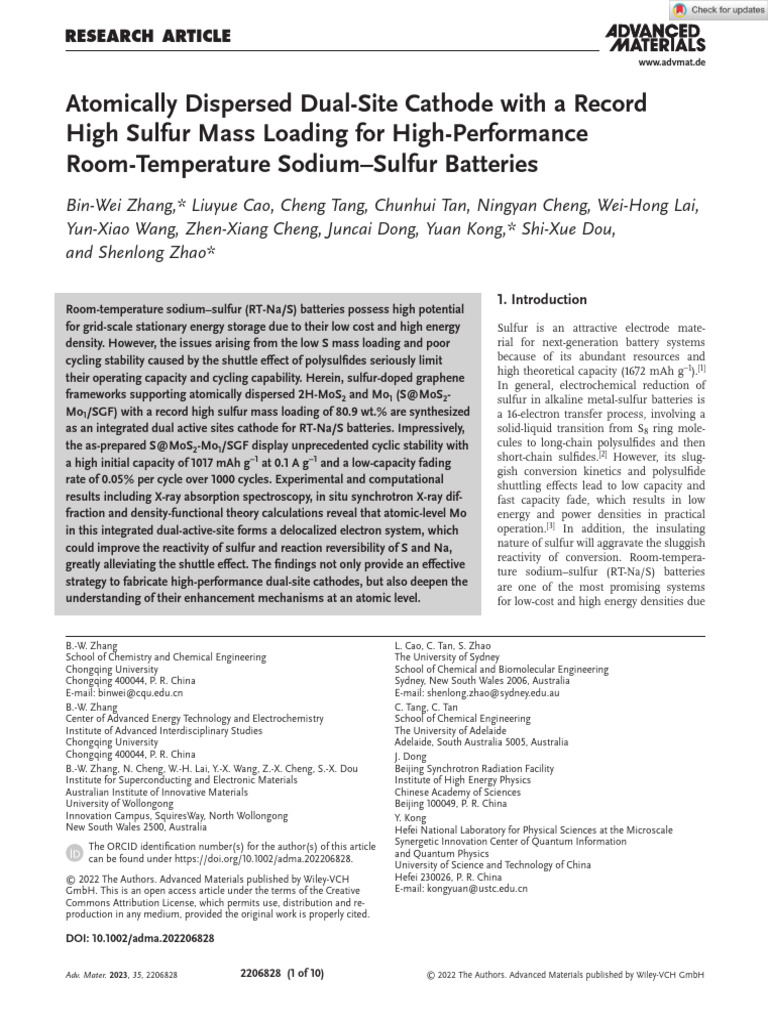 High-Performance Sodium-Sulfur Battery Cathode | PDF | X Ray ...