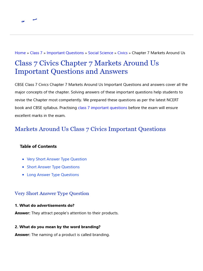Class 7 Civics Chapter 7 Markets Around Us Important Questions and ...