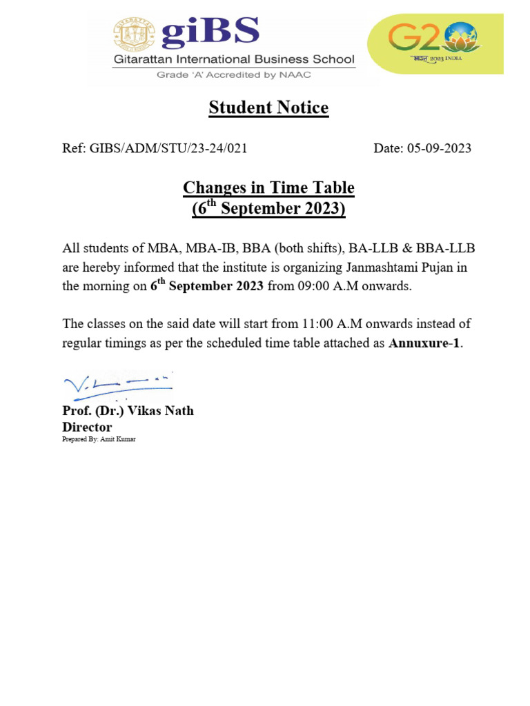 Student Notice: Changes in Time Table (6 September 2023) | PDF | Business