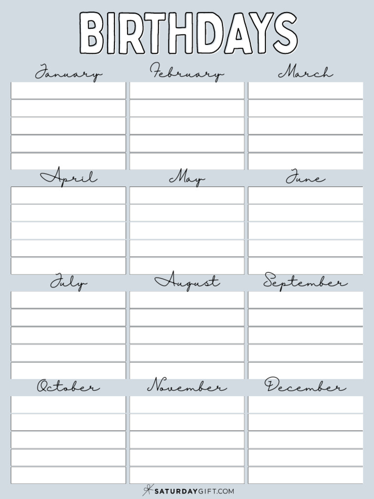 Printable Birthday Calendars in Portrait Orientation Grey SaturdayGift ...