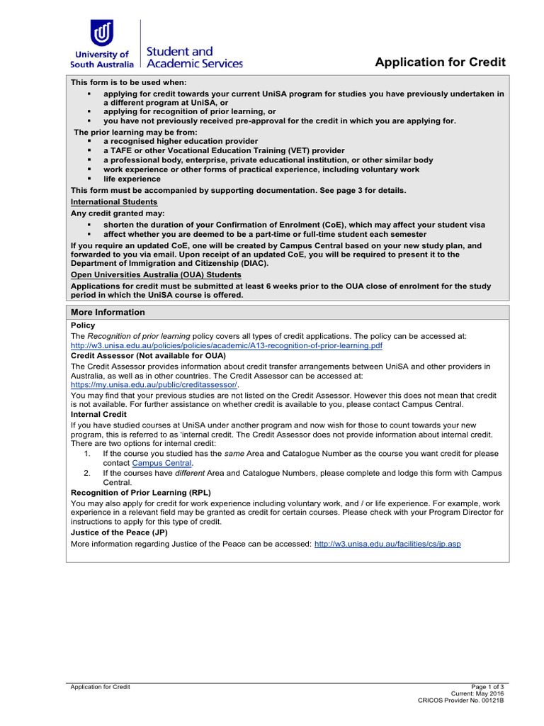 UniSA Credit Application Form | PDF