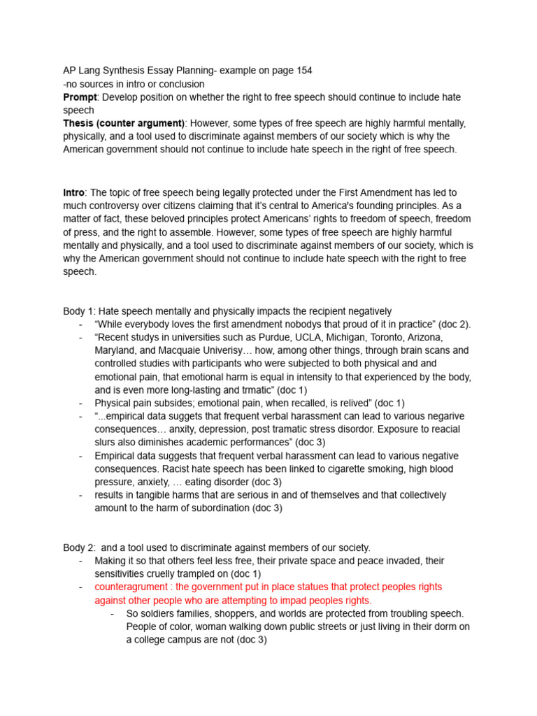Ap Lang Synthesis Rubric | PDF | Freedom Of Speech | Hatred