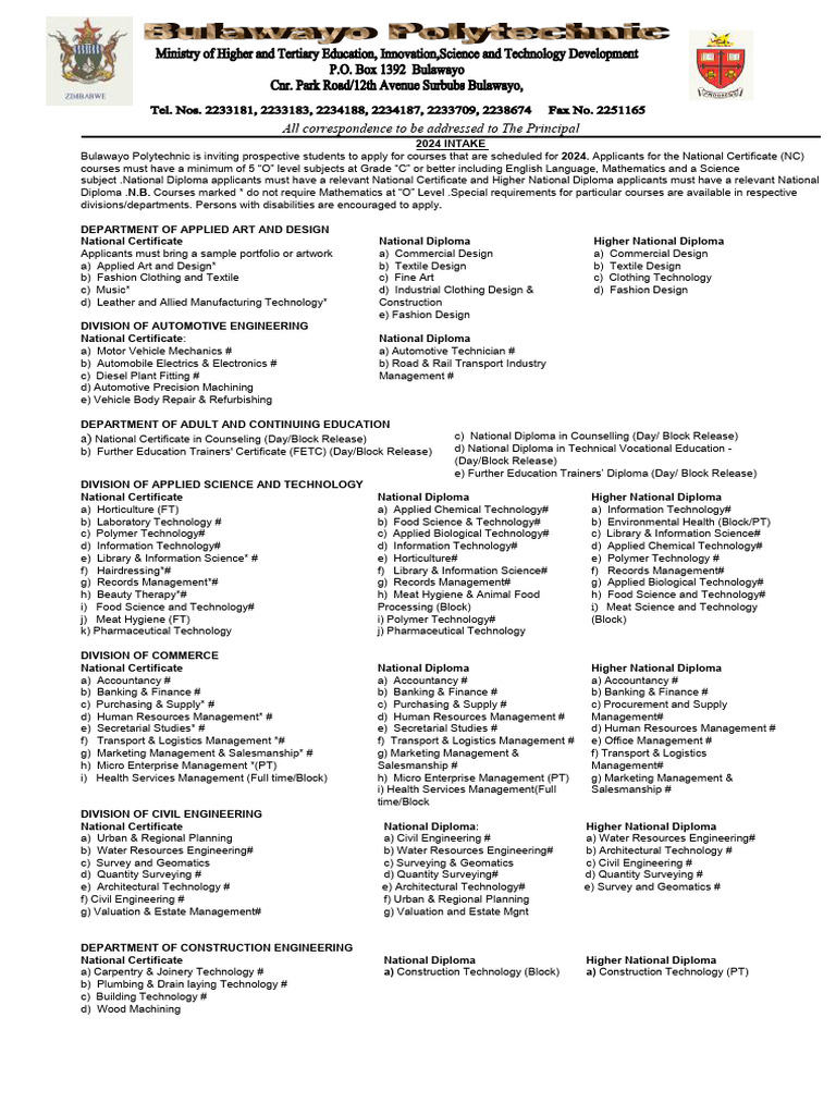 Bulawayo Polytechnic Advert For Courses For 2024 Intake PDF | PDF ...