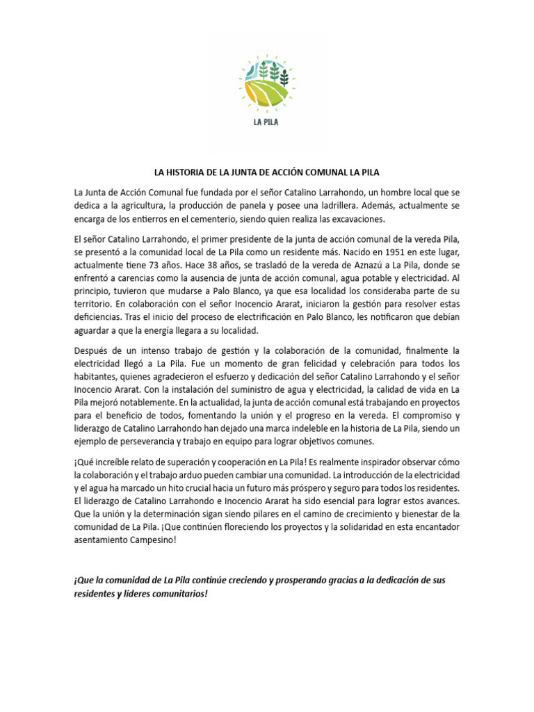 La Historia de La Junta de Acción Comunal La Pila | PDF | Economias