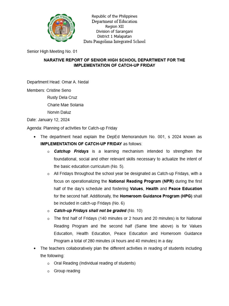 Catch-Up Friday Implementation Report | PDF