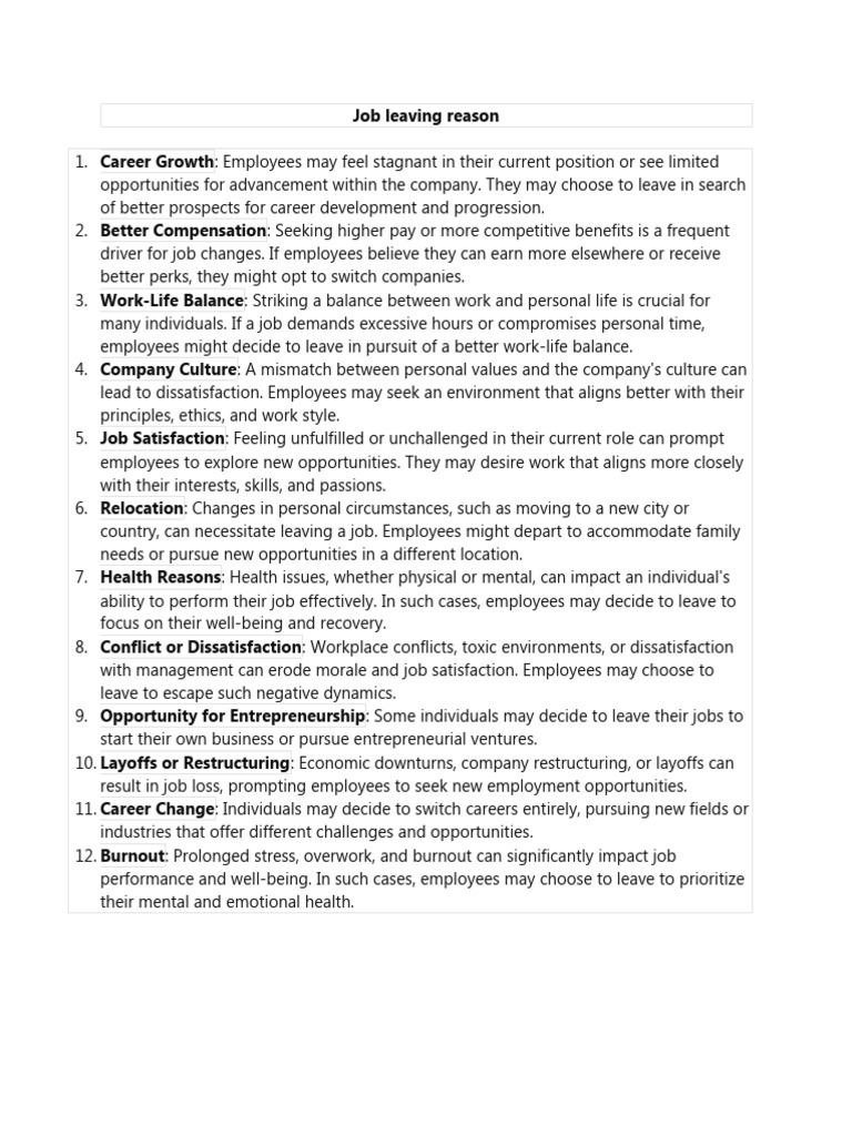 Job Leaving Reason | PDF | Employment | Occupational Burnout