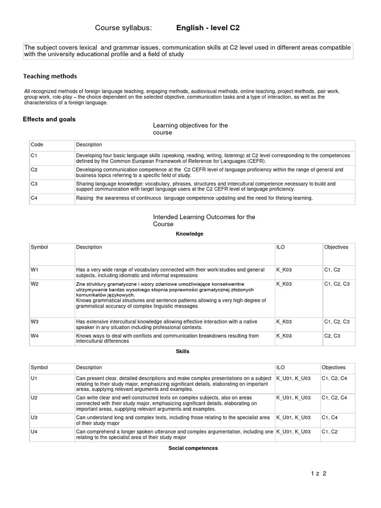 C2 English Course Syllabus | PDF | Economics | Communication