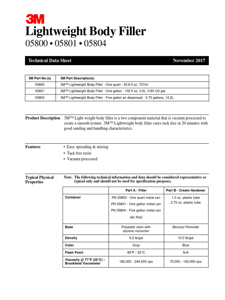 TDS - 05800, 05801, 05804 - 3M - Lightweight Body Filler, Rev. 3 | PDF ...