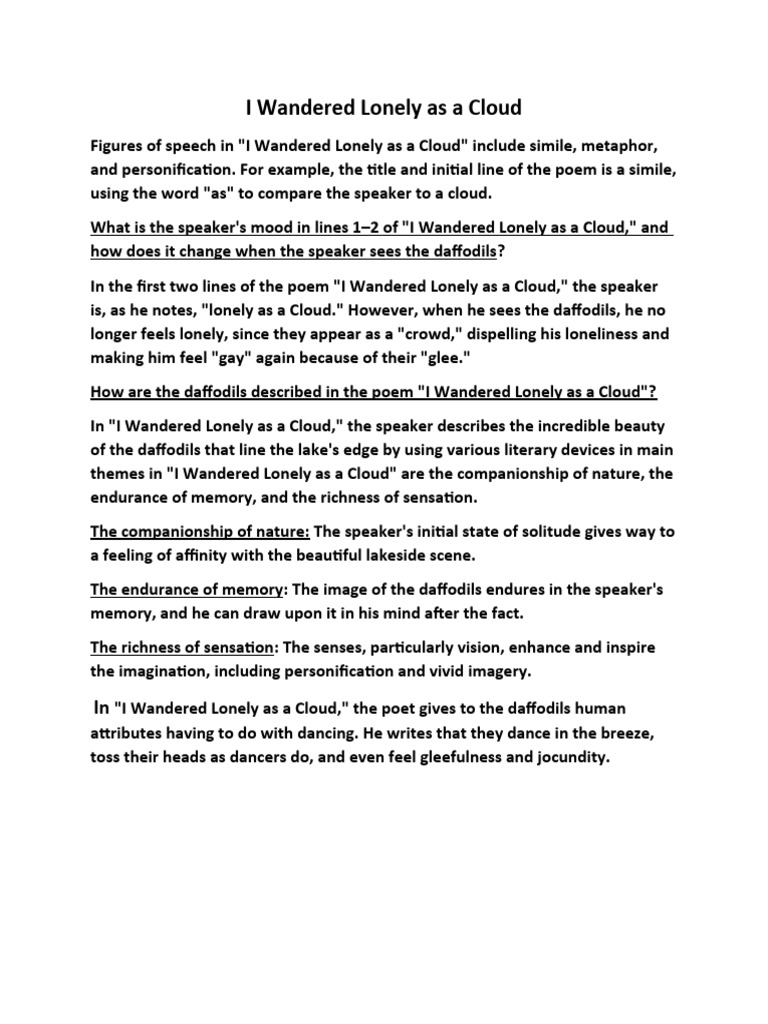 I Wandered Lonely As A Cloud Qssss | PDF | Loneliness