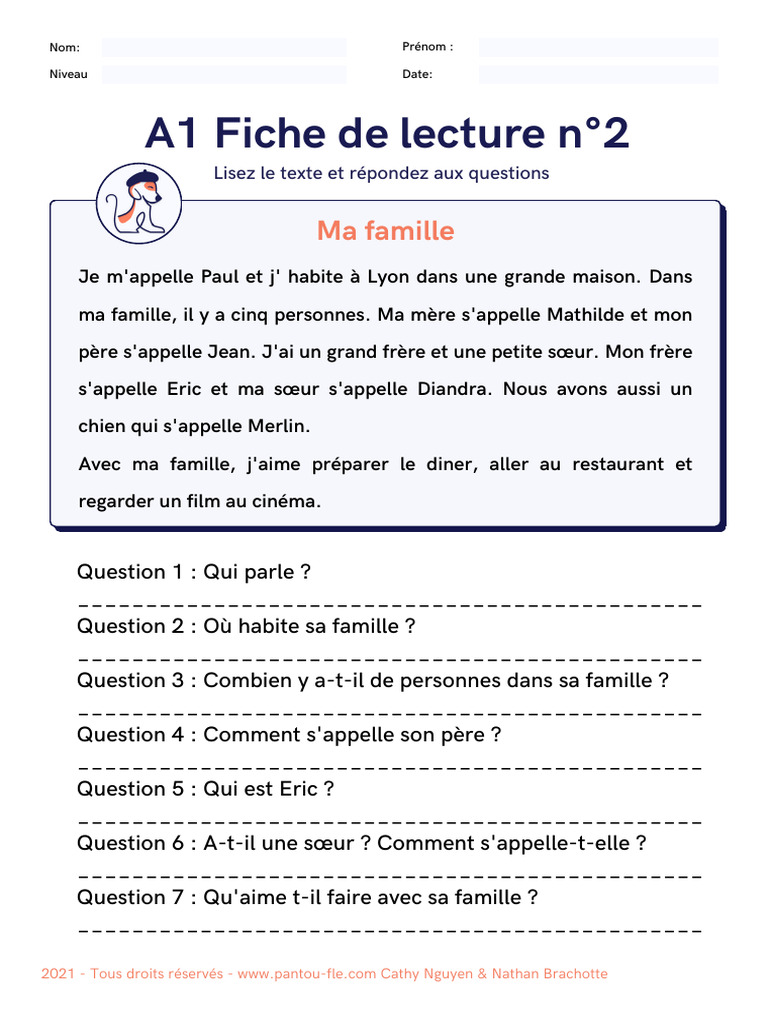 Ma famille : texte et questions A1 | PDF
