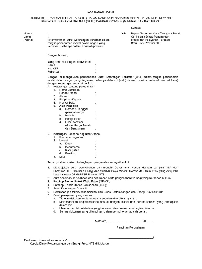 Surat Keterangan Terdaftar Dalam Rangka Penanaman Modal Dalam Negeri Yang Kegiatan Usahanya ...