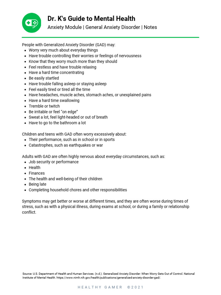 A03 - Generalized Anxiety Disorder - Notes | PDF