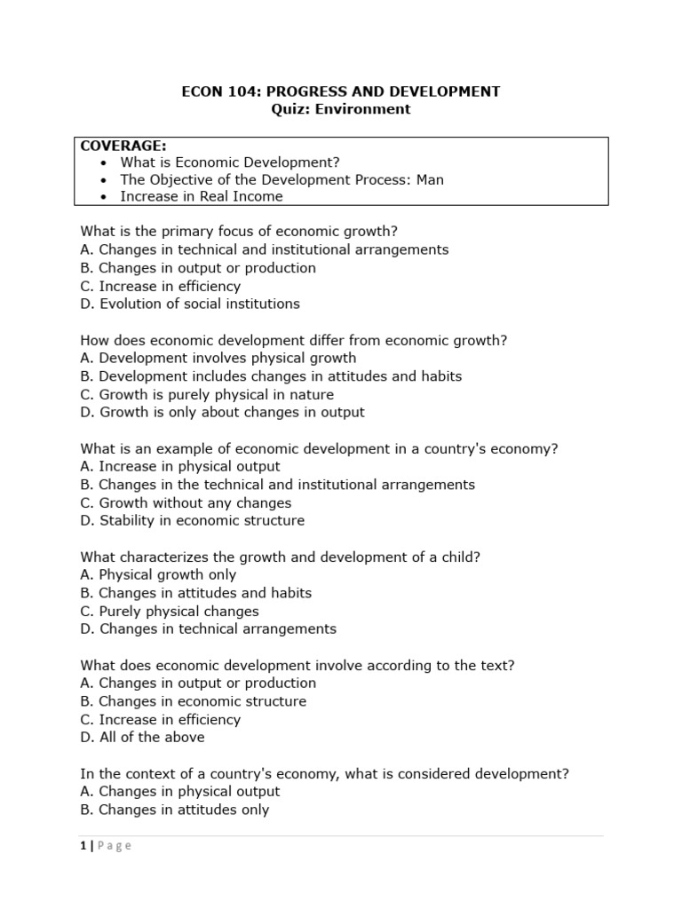 Quiz On Economic Development, Objectives of Development, Real Income ...
