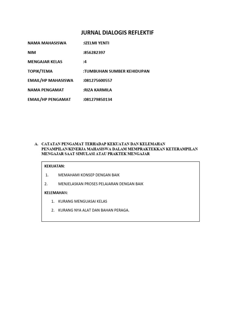 Format Jurnal Dialogis Reflektif Izel | PDF