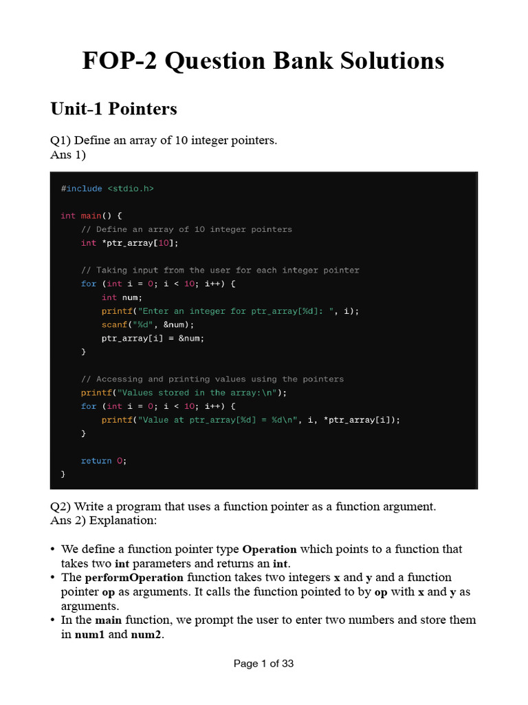 FOP-2 Question Bank Solutions Unit-1, 2, 3 & 4 | PDF | Pointer (Computer Programming) | Computer ...
