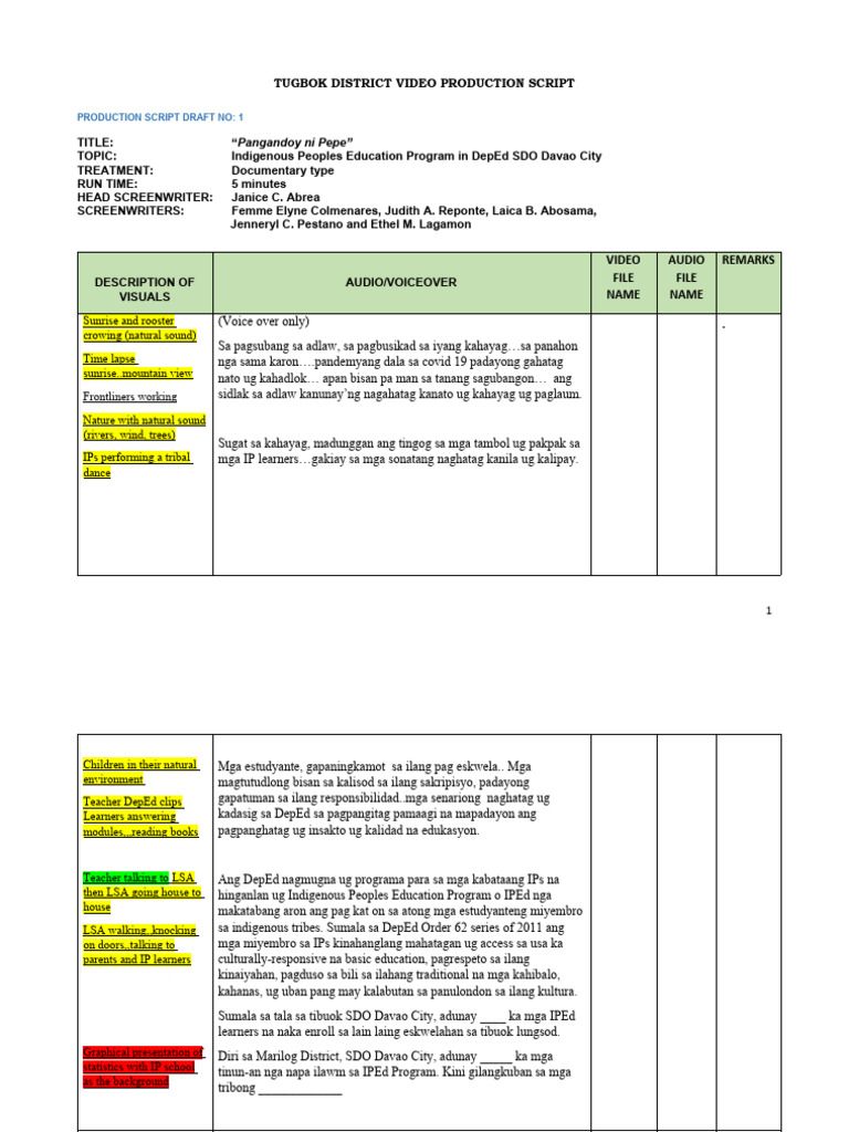 Tugbok Video Production Script DRAFT 1 | PDF