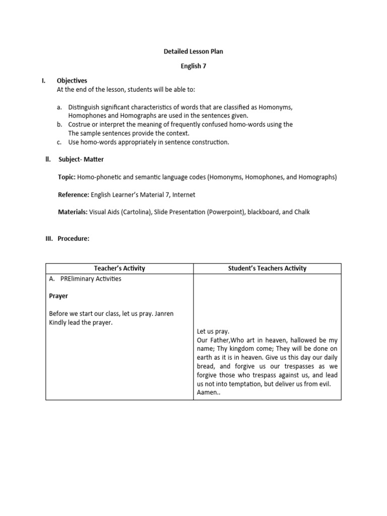 Detailed Lesson Plan | PDF | Lord's Prayer | Linguistics