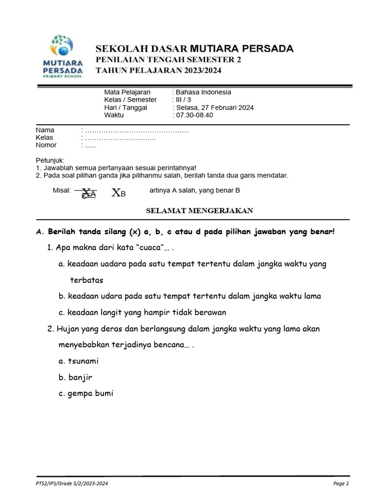 Soal PTS B Indo Kelas 3 | PDF