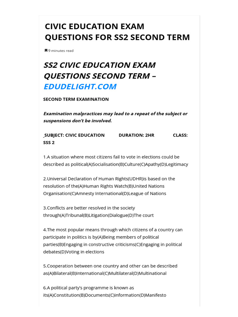 Civic Education Exam Questions For Ss2 Second Term Ss2 Civic Education Exam Questions Second ...