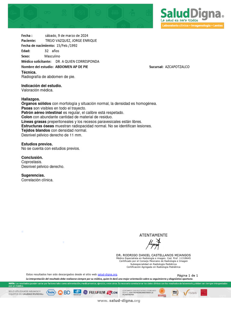 Desnivel Pélvico Derecho y Coprostasis | PDF