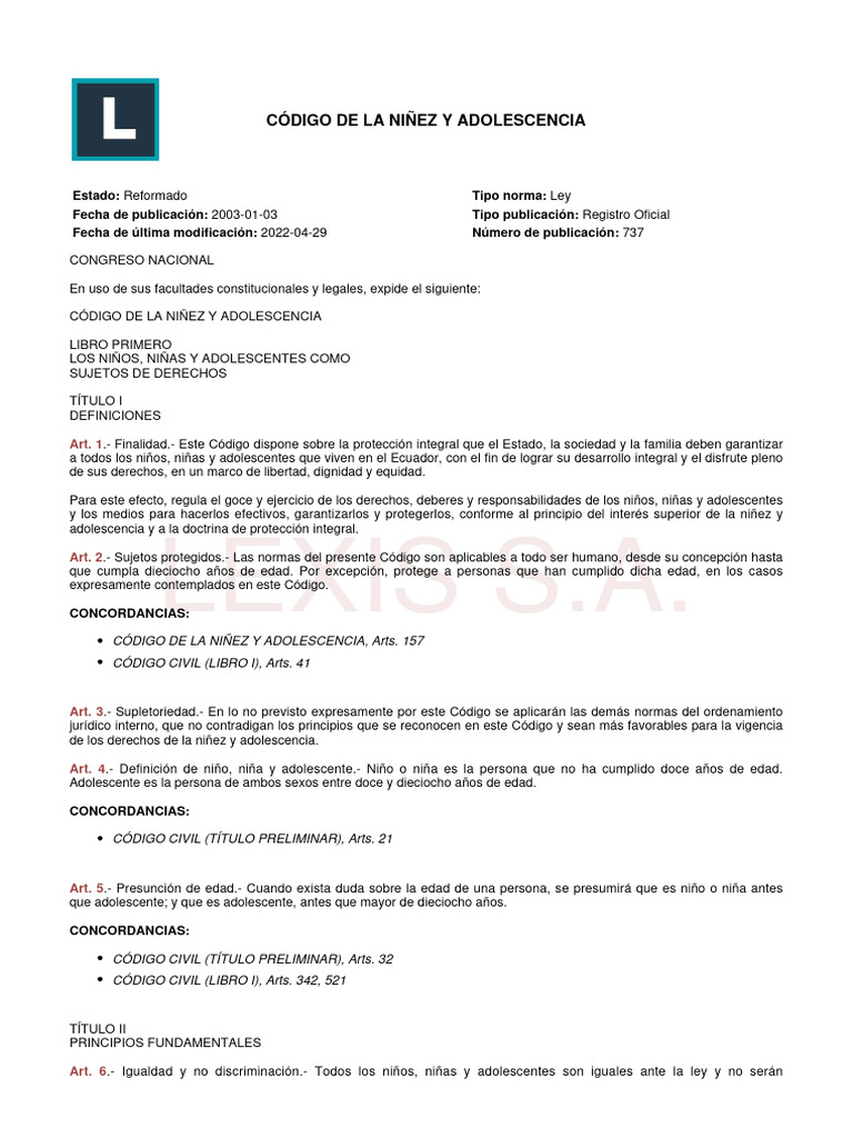 Código Niñez y Adolescencia Ecuador | PDF | Familia | Derechos de los niños