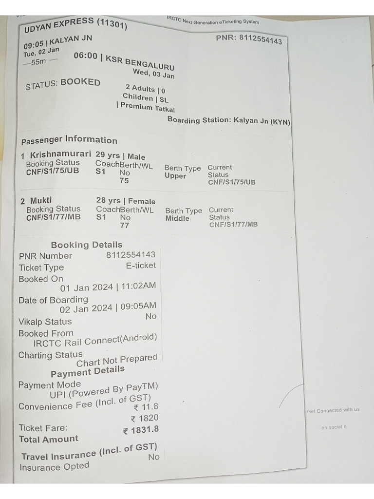 Ticket To Banglore | PDF