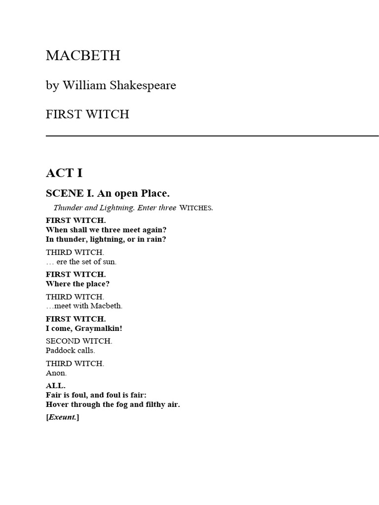 Macbeth Full Text - First Witch | PDF | Macbeth | Shakespearean Tragedies