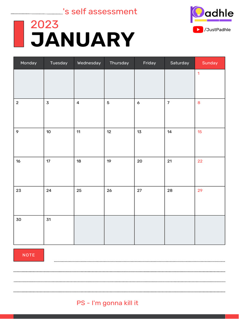 2023 Monthly Self Assessment Calendar | PDF
