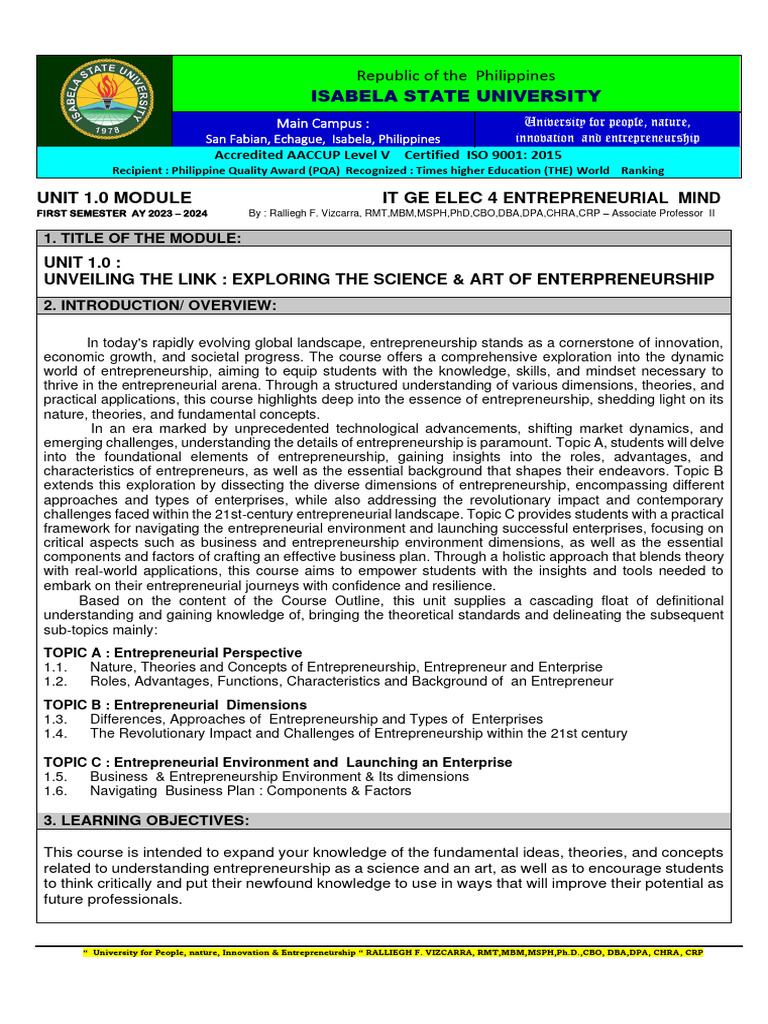 Unit 1.0 It Ge Elec 4 Entrep. Mind Bsit 1 1 Isu SC Secsem Fs 2023 2024 | PDF | Entrepreneurship ...