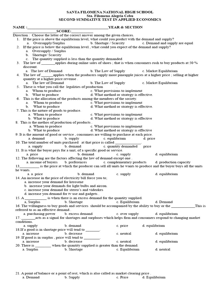 Summative Test 2 Applied Economics | PDF | Economic Equilibrium ...