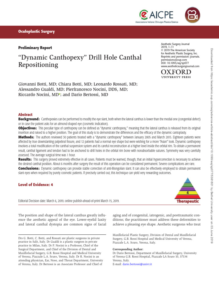 Dynamic Canthopexy for Eye Aesthetics | PDF | Surgery | Plastic Surgery