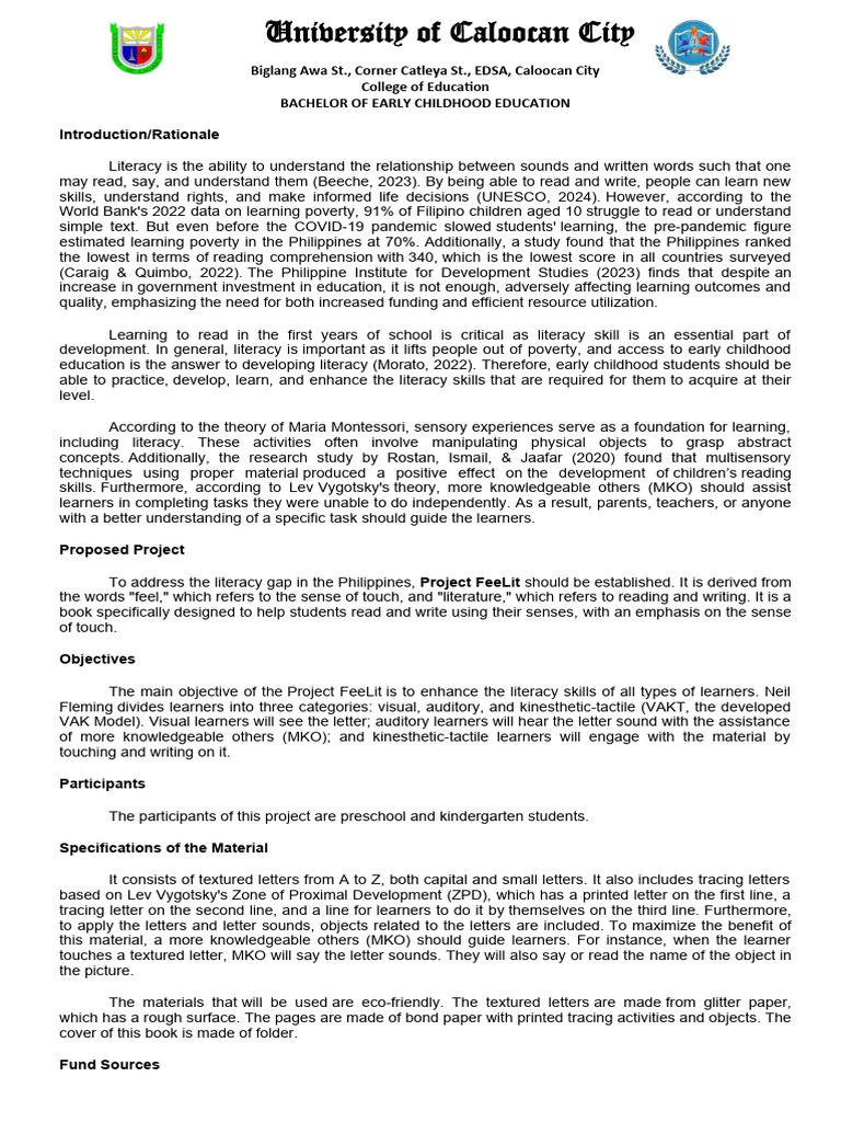 Project Proposal FeeLit Undone | PDF | Literacy | Early Childhood Education