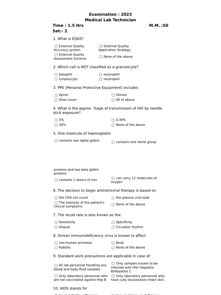 Question Paper and Answer Key SET-2 MLT | PDF | Hiv/Aids | Diagnosis Of Hiv/Aids