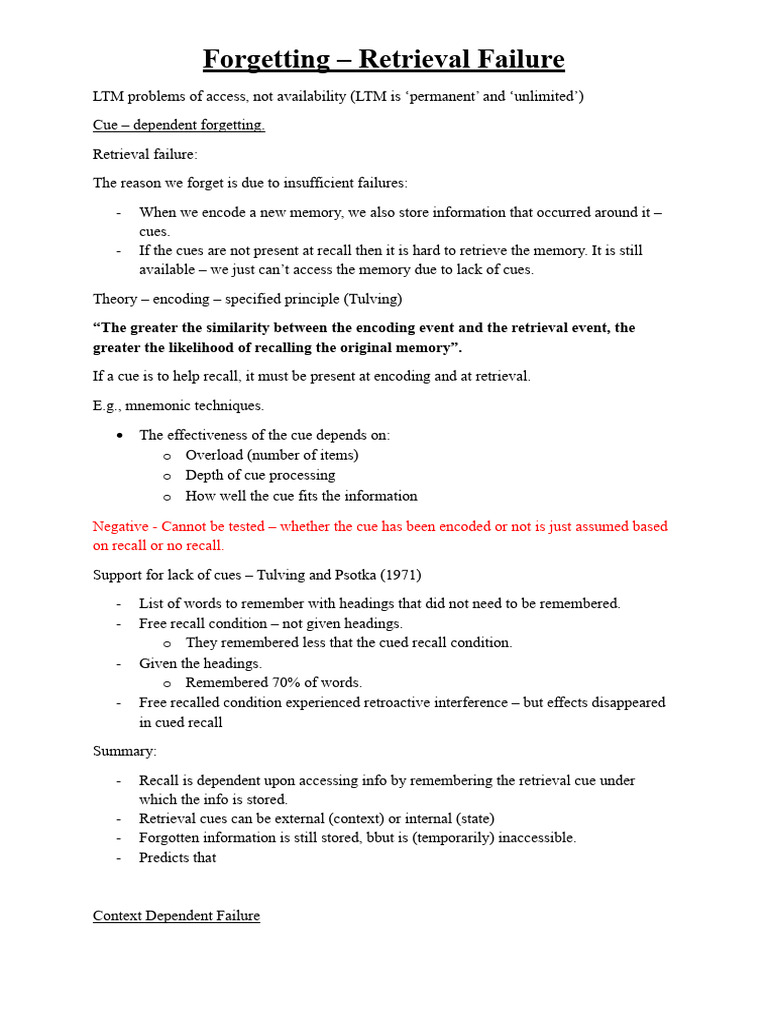 Forgetting - Retrieval Failure | PDF | Recall (Memory) | Brain