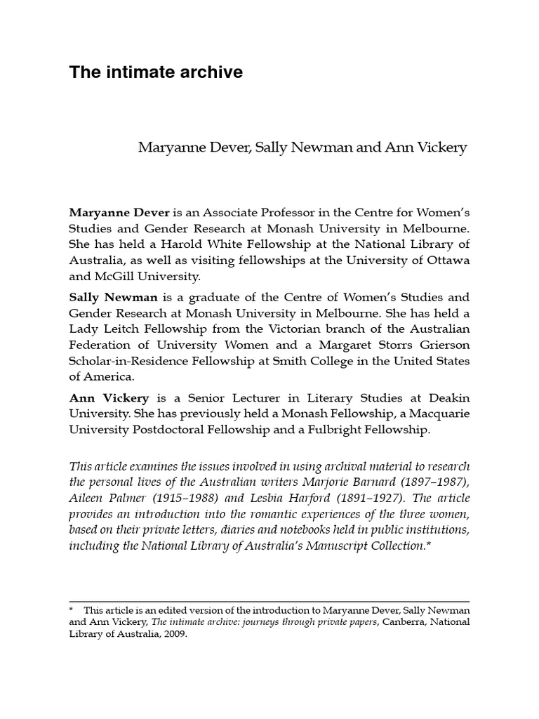 "The Intimate Archive" by Maryanne Dever, Sally Newman and Ann Vickery ...