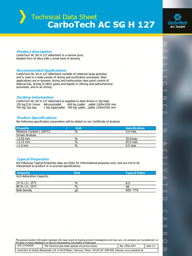 CarboTech AC SG H 127 Adsorbent Data | PDF | Adsorption | Materials