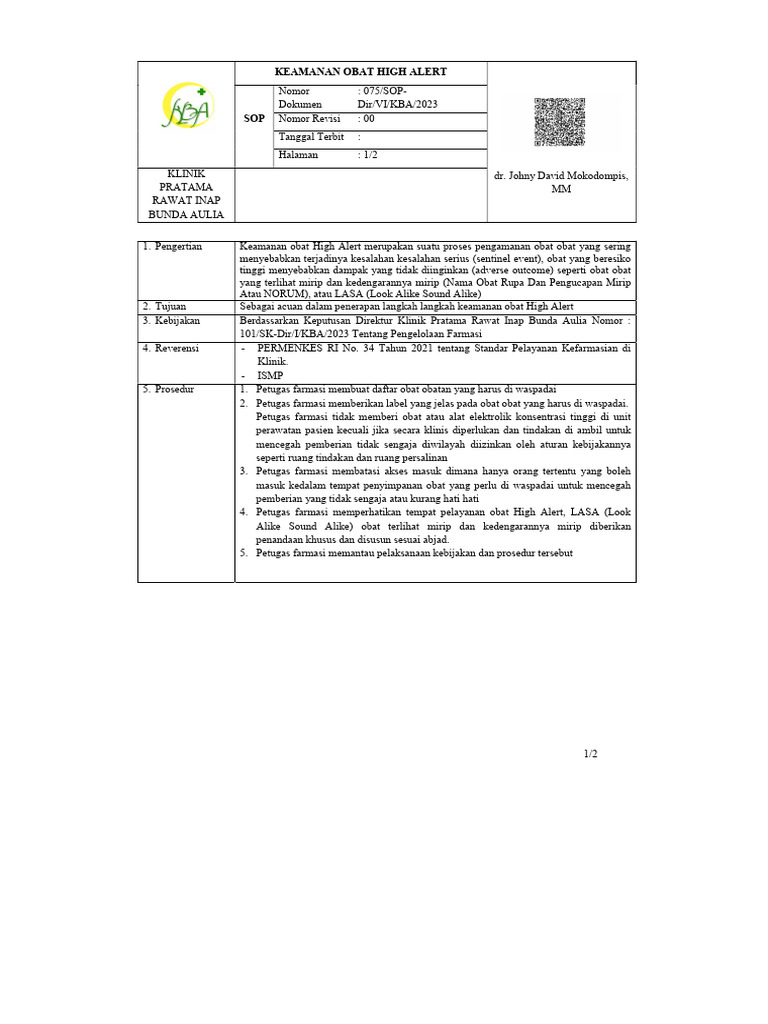 Sop Keamanan Obat High Alert Pdf