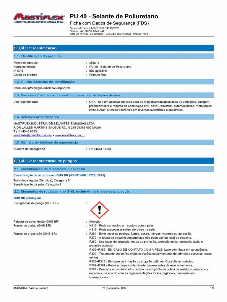 FDS_PU-40-Selante-de-Poliuretano-Rev-10.0 | PDF